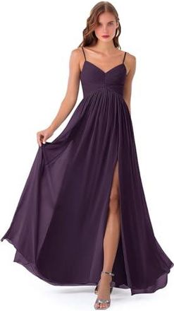 Generic Robe de demoiselle dhonneur en mousseline de soie avec poches et bretelles spaghetti et col en V avec fente, prune, 52 Grande taille