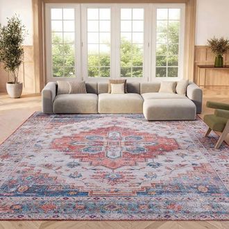 Safavieh Traditionell Teppich f&uuml;r Maschinenwaschbar und rutschfest - Ideal f&uuml;r stark frequentierte Bereiche - Tucson Collection, Kurzer Flor, Blau und Beige, 6