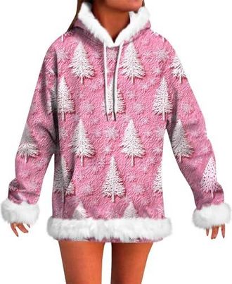 Generic Pull de Noël pour femme - Sweat à capuche de Noël moelleux et moche - Imprimé arbre de Noël amusant - Pull décontracté surdimensionné avec poches, Pul