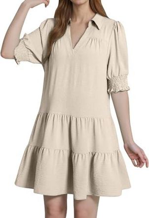 Generic Robe d&eacute;contract&eacute;e pour femme avec col &agrave; revers et manches mi-longues pliss&eacute;es et col en V pour femme, robe d&eacute;t&eacute; 2026, robe ample, robe ample pour femm