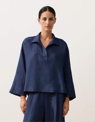 Oysho Oysho - Polo oversize &agrave; manches longues en lin - Bleu marine