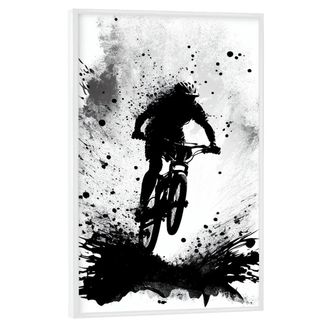 artboxONE Poster mit wei&szlig;em Rahmen 30x20 cm Schwarzwei&szlig; Mountainbike springen - Bild Kunst dynamisch Energie