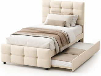 STILVORA Cama Nido 90 X 200 Y 90 X 190 Cm, 2 Plazas, Cabecero Regulable, Lino, Sin Colch&oacute;n, Beige