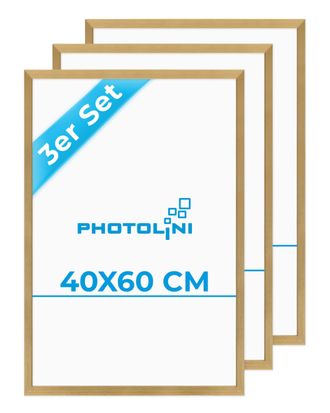 Photolini Bilderrahmen 40x60 gold 3er Set Holz MDF, Bilderrahmen 60x40 gold, picture frame 40x60 mit bruchsicherem Acrylglas zum Aufh&auml;ngen, Rahmen 60x40 mit ext