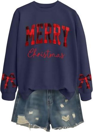 Generic Sweatshirts pour femmes, grande taille, sweatshirts de Noël à paillettes avec écusson Merry Christmas imprimé lettres imprimées pull brodé rayé pull t