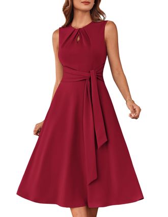 Grace Karin &Auml;rmelloses Midikleid f&uuml;r Damen elastisches Rundhalskleid Plissiertes Cut-Out mit G&uuml;rteltaschen Leuchtend rot 2XL