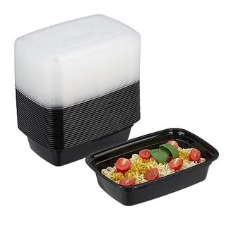 Relaxdays Meal Prep Boxen, 24er Set, 1 Fach, mikrowellengeeignet, wiederverwendbar, Kunststoff Essensbeh&auml;lter, schwarz