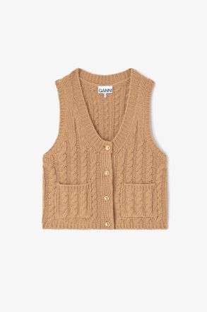 Ganni Gilet en laine &agrave; torsades Beige - Pour Femme