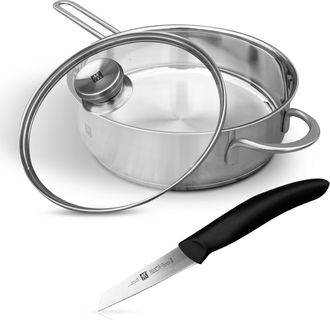 Zwilling Zwilling TwinNova3 Schmorpfanne Induktion 24 cm mit Deckel + Gemüsemesser 8cm, 3 tlg, Saute-Pfanne Unbeschichtet, HOHER RAND, Spülmaschinenfest, FÜR A