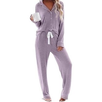 Generic Ensemble de pyjama 2 pi&egrave;ces pour femme, manches longues, boutons vers le bas, pyjama &agrave; manches longues, ensembles de v&ecirc;tements dint&eacute;rieur, violet, XXL