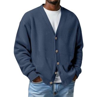 Generic Cardigan textur&eacute; gaufr&eacute; pour homme, manches longues, col en V, ouvert sur le devant, l&eacute;ger et boutonn&eacute;, bleu, 5XL