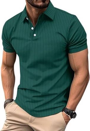 AlltheMen Polo Homme Manches Courtes à Demi-Boutonnage Chemise Rayée Tricoté Été T Shirt de Golf Casual Couleur Uni Tops Vert L