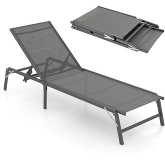 Costway Costway - Chaise Longue, Bains de Soleil Pliable avec Dossier R&eacute;glable &agrave; 5 Positions, Tissu Respirant, Cadre M&eacute;tallique, pour Piscine, Terrasse, Gris