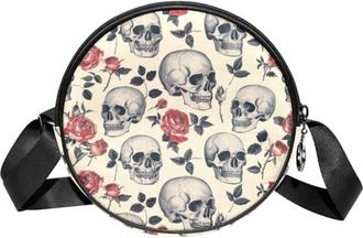 Generic Petit sac &agrave; bandouli&egrave;re circulaire pour femme, motif cr&acirc;nes, fleurs, petit sac &agrave; bandouli&egrave;re avec fermeture &eacute;clair, bretelles r&eacute;glables, sac &agrave; main ro