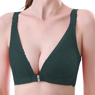 Generic Grand soutien-gorge gainant &eacute;lastique avec fermeture avant pour femme Top avec dentelle pour femme, Vert noir, 100A/B