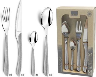 Amefa ECLAT Besteck Set NATURE Grau Holz Essbesteck 24-teilig f&uuml;r 6 Personen Edelstahl rostfrei Kunststoff-Griffschalen in Holzoptik sp&uuml;lmaschinenfest Beste