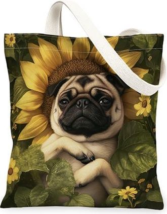 Generic Sac fourre-tout en toile pour le shopping, 33 x 38 cm, motif imprim&eacute; de tournesol, feuille de tournesol, chiot r&eacute;utilisable, sac d&eacute;picerie pour femme,