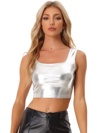 Allegra K Damen Metallic Crop Top Party Tanktop &Auml;rmellos Gl&auml;nzend Club Bauchfrei Oberteil Wei&szlig; Hell Silber XL