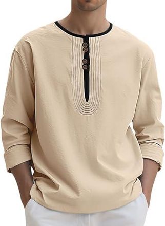 Generic Chemise en lin &agrave; manches longues pour homme - Chemise de plage en coton - Coupe ajust&eacute;e - Chemise d&eacute;t&eacute; l&eacute;g&egrave;re - Col rond - T-shirt d&eacute;contract&eacute; pour la