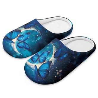 Coloranimal Pantoufles de spa pour femme - Pantoufles dint&eacute;rieur en vrac antid&eacute;rapantes &agrave; bout ferm&eacute;, Lune papillon bleue, 35.5/36.5 EU