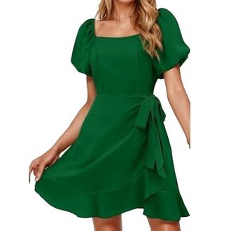 Generic Robe d&eacute;t&eacute; d&eacute;contract&eacute;e pour femme - Col carr&eacute; - Manches courtes - Ourlet &agrave; volants - Robe d&eacute;t&eacute; simple - Tenue unie pour le printemps et les voyages, v