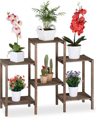 Relaxdays Blumentreppe Holz, Shabby, Innenbereich, Wohnzimmer, Pflanzenregal stehend, 6 Ablagen, HBT 70x89x27 cm, braun, Medium