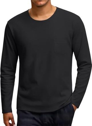 Generic Chemise de pyjama en coton pour homme - Haut uni &agrave; manches longues - Col rond - Coupe ample - Confortable - Respirant - V&ecirc;tements de sport pour lint&eacute;r