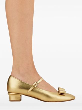 Ferragamo Gold-Tone Laminated Bow Detail Mary Jane Flat - Gold