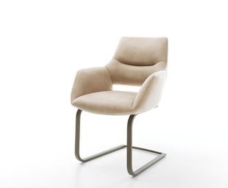 DELIFE Freischwinger Yago-Flex mit Armlehnen Mikrofaser Beige Vintage Freischwinger flach Effektfinish Titan Taschenfederkern, Esszimmerst&uuml;hle