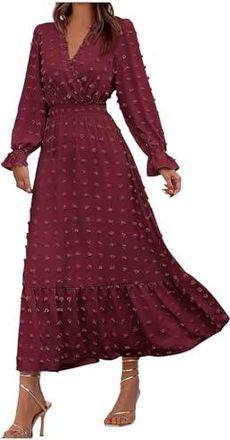 Generic Robes boh&egrave;me 2026 pour femmes, robe longue &agrave; manches longues et col en V, taille haute, coupe trap&egrave;ze, volants, bordeaux, XXL