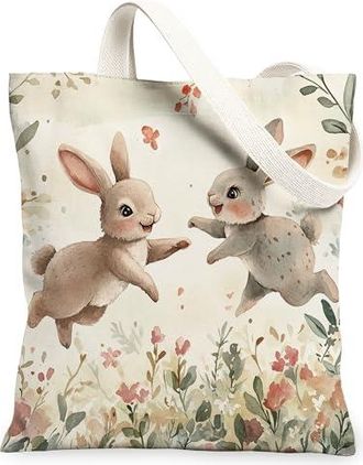 Generic Sac fourre-tout en toile motif lapin printanier pour faire du shopping, 33 x 38,1 cm, sac d&eacute;picerie r&eacute;utilisable pour femme, peinture animale, d&eacute;corat