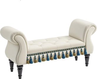 HOMCOM Sitzbank Polsterbank mit Samt-Bezug, Armlehne Bettbank mit Holzrahmen, Schuhbank für Schlafzimmer, Wohnzimmer, Flur 117 x 40 x 58 cm Beige