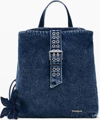 Desigual Petit sac &agrave; dos en jean &agrave; fleurs - Bleu