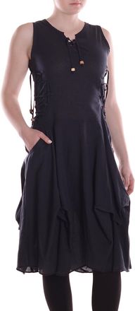 vishes Alternative Bekleidung - Damen knielanges Kleid Baumwolle Casual verstellbares Kleid im Lagen-Design mit Taschen schwarz 32-34