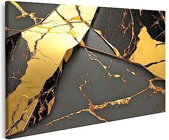 Islandburner Tableau sur toile Mur de pierre de luxe abstrait en marbre noir doré Cadre Affiche Poster Murale Tableaux