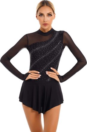 TiaoBug Damen Eiskunstlauf Kleid Langarm Tanzkleider Strass Gymnastikanzug Turnanzug mit R&ouml;ckchen Slip Schwarz J S