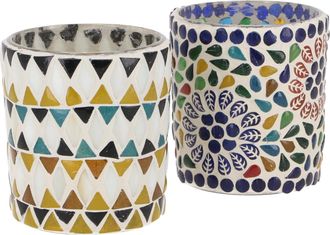 Guru Shop 2 Handgearbeitete Glas Mosaik Windlichter, Romantisches Windlicht, Mosaik Teelicht, Vintage Teelichthalter - Set 9, 10x8x8 cm
