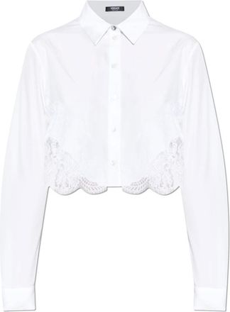 Versace Femme, Blouses et Chemises, Blanc, Taille: 38 FR Lace-Trim Cotton-Poplin Shirt