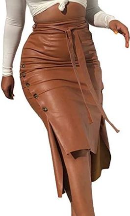 ORANDESIGNE Jupe en Cuir Automne Hiver Fente Fendue pour Femme Jupe mi-Longue Mince Jupe en PU Taille Haute Sexy Simili Cuir Jupes Ete Mode Slim Split PU Midi Jup