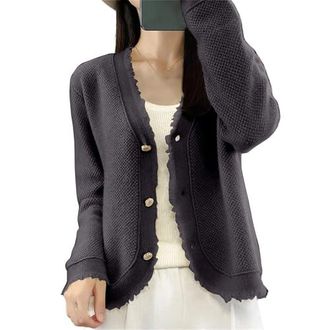 Generic Pull en laine &agrave; col en V pour femme - Cardigan &eacute;l&eacute;gant en tricot - Manteau court &agrave; manches longues, gris fonc&eacute;, Taille XL