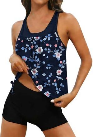 Generic Maillot de bain tankini deux pi&egrave;ces pour femme avec short boyleg - Contr&ocirc;le du ventre - Taille haute - D&eacute;bardeur de bain vintage &agrave; imprim&eacute; floral - Po