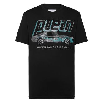 Philipp Plein Homme, Tops, Noir, Taille: XS Jersey T-shirt Round Neck SS Cars Racing