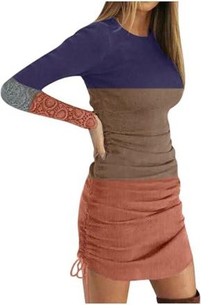 Generic Robes amincissantes pour femmes robe ajust&eacute;e col rond couleur unie assortie cordon de serrage lat&eacute;ral dentelle &eacute;pissure manches longues bodycons mini 