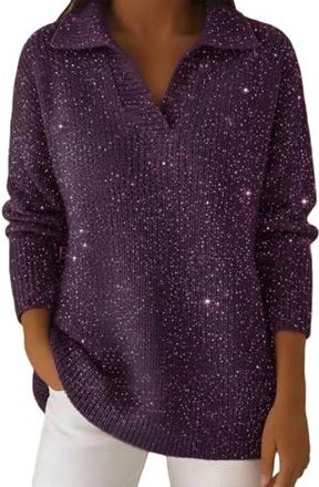 Generic Pull scintillant pour femme - Haut à paillettes rouges - Pull décontracté à col châle - Pull chaud et confortable à manches longues - Coupe ample - Ha