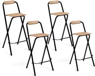 IDMarket Set mit 4 klappbaren Barhockern, Detroit Struktur schwarz mit Sitzfl&auml;che in Holzoptik, industrielles Design