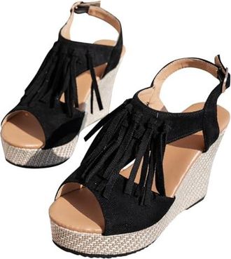 Generic Pantoufles pour femme - Espadrilles &agrave; fausse pampille - Avec d&eacute;coupes &agrave; bout compens&eacute; - 2026, Noir, 39 EU &eacute;troite