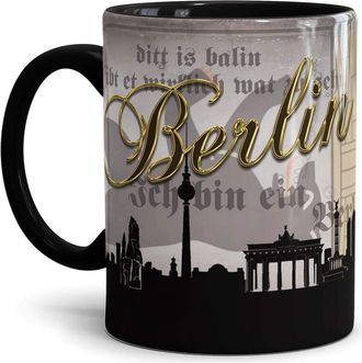 Tassendruck Berlin-Tasse Skyline Innen und Henkel Schwarz - Kaffeetasse/Mug/Cup - Qualität Made in Germany