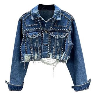 Generic Veste en jean clout&eacute;e &agrave; rivets pour femme - Manches longues - D&eacute;lav&eacute; - Style western d&eacute;contract&eacute;, bleu, XXL