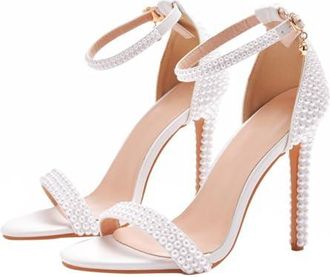 Beaupretty Sandales &agrave; Talons Hauts en Perles Blanches pour Femmes Talon Haut de 11 CM Bout Ouvert Mat&eacute;riaux PU Imperm&eacute;able et Antid&eacute;rapant Mariage Soir&eacute;e et &Eacute;v&eacute;n