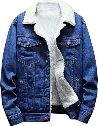 Generic Veste en jean pour homme avec doublure en polaire - Manteau dhiver chaud et tendance en fausse fourrure - Veste en jean d&eacute;contract&eacute;e, noir fonc&eacute;, XXL
